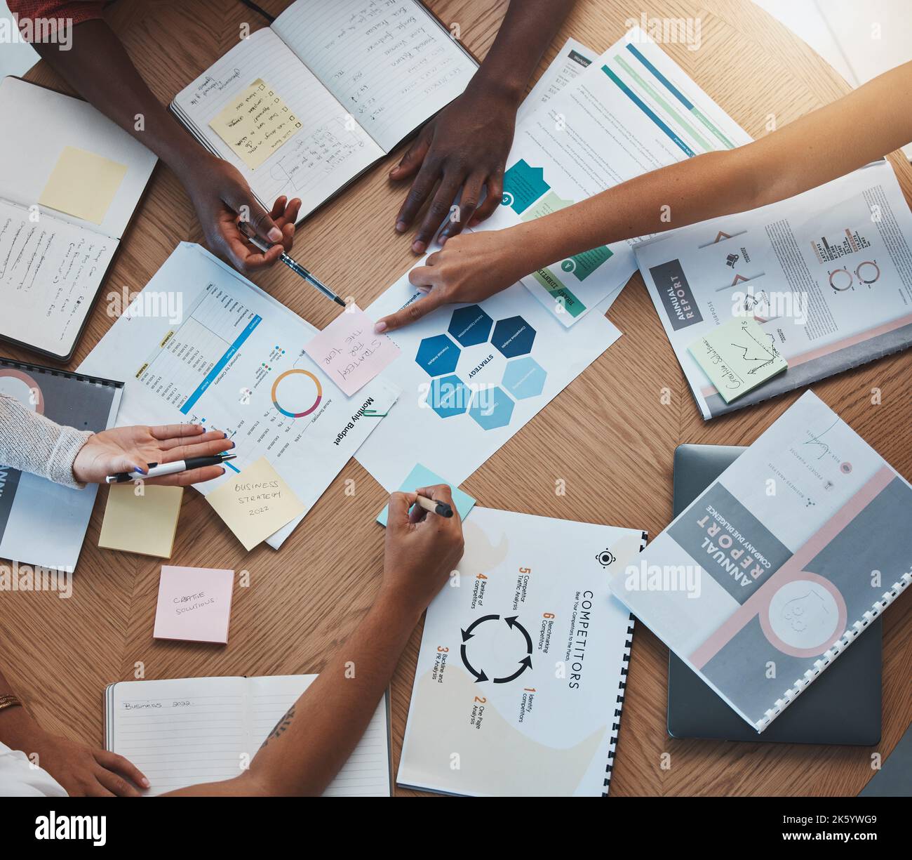 Strategy, planning and business people hands in collaboration meeting for marketing analytics ...