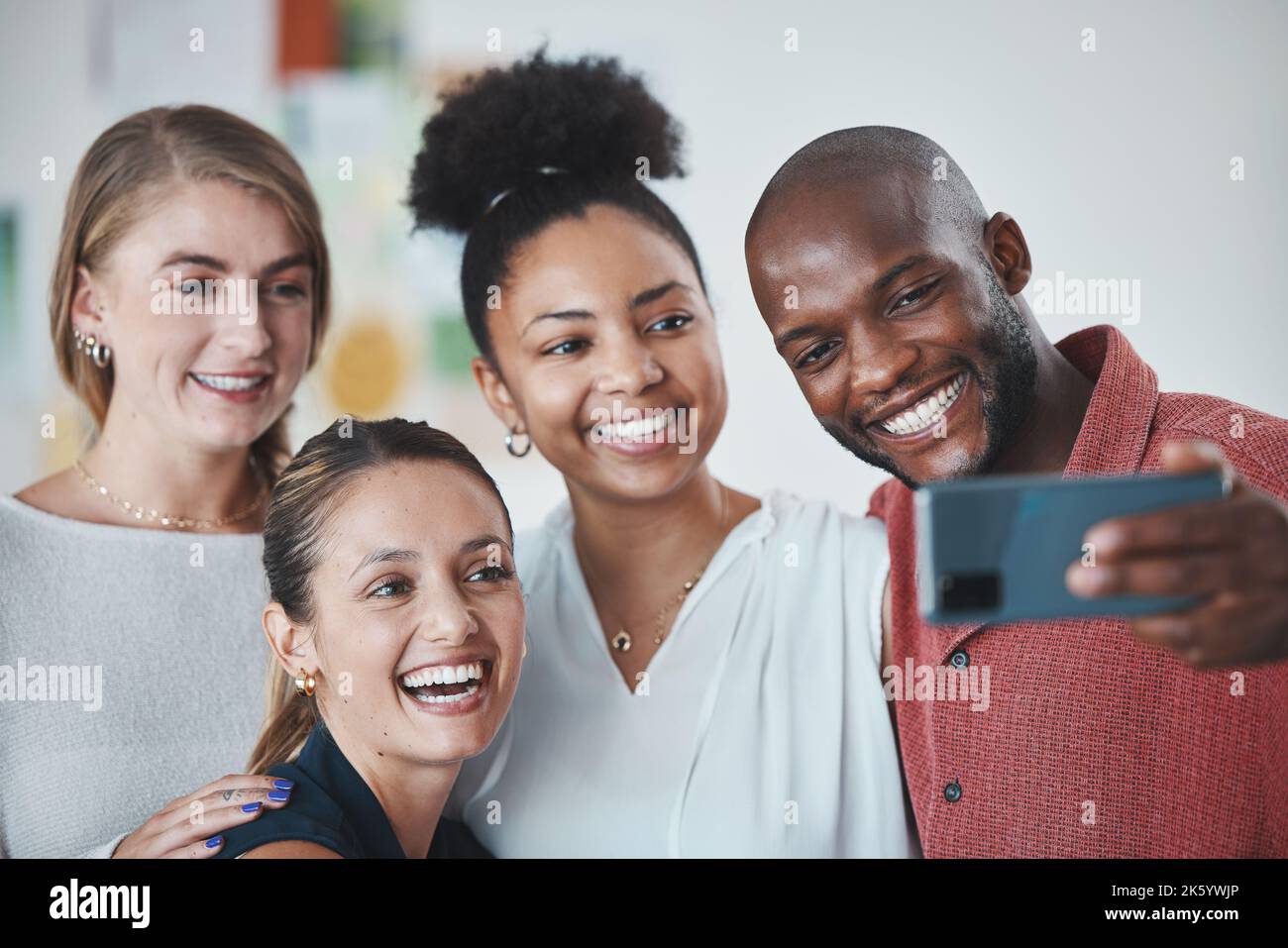 Phone selfie, workplace diversity and team building happy together on ...