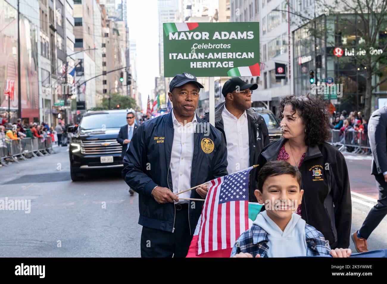Mayor Eric Adams marches at annual Columbus Day parade on Fifth Avenue in Manhattan on October ...