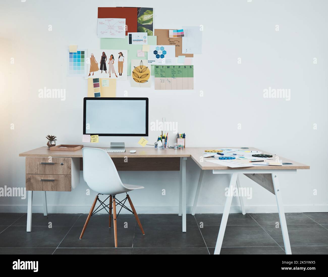 Office desk, screen mock up and creativity design fashion project ...