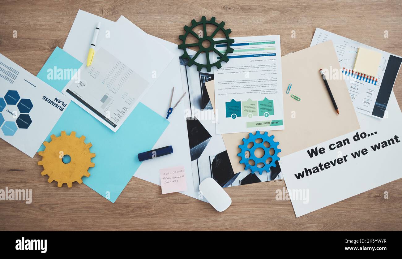 Business, strategy education and documents for a work presentation or ...