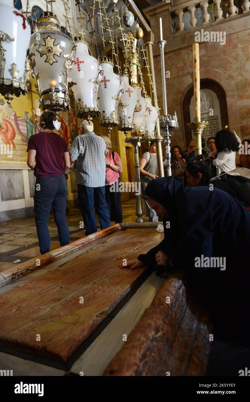 The Stone of Anointing inside the church of the holy Sepulchre in the ...