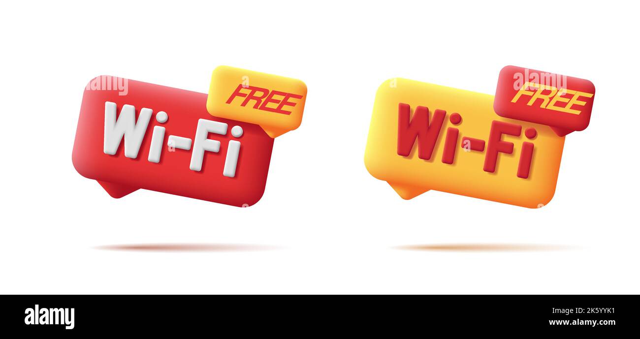 Free wifi sign, 3d illustration speach bubble with text, red and yellow symbol, isolated Stock ...