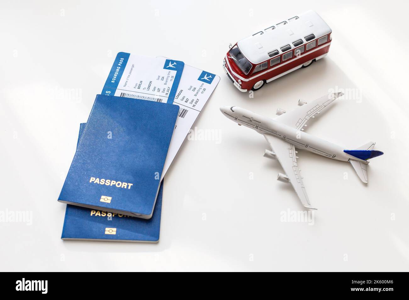 Mini toy bus, plane, passports, tickets travel idea for trip Stock ...