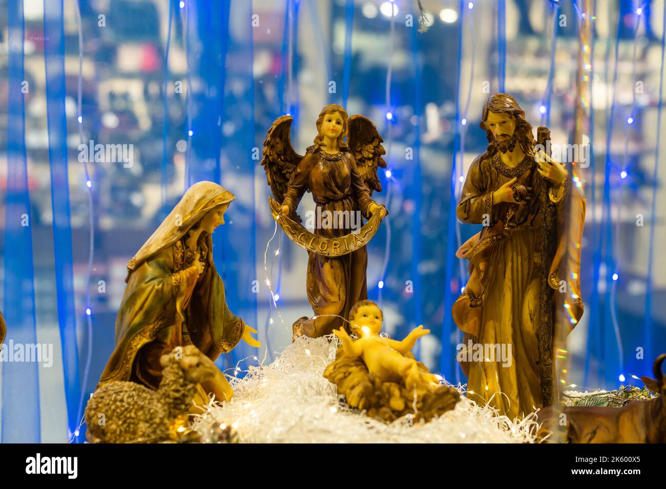 Christmas nativity scene photograph of Mary, a king, a shepherd and ...