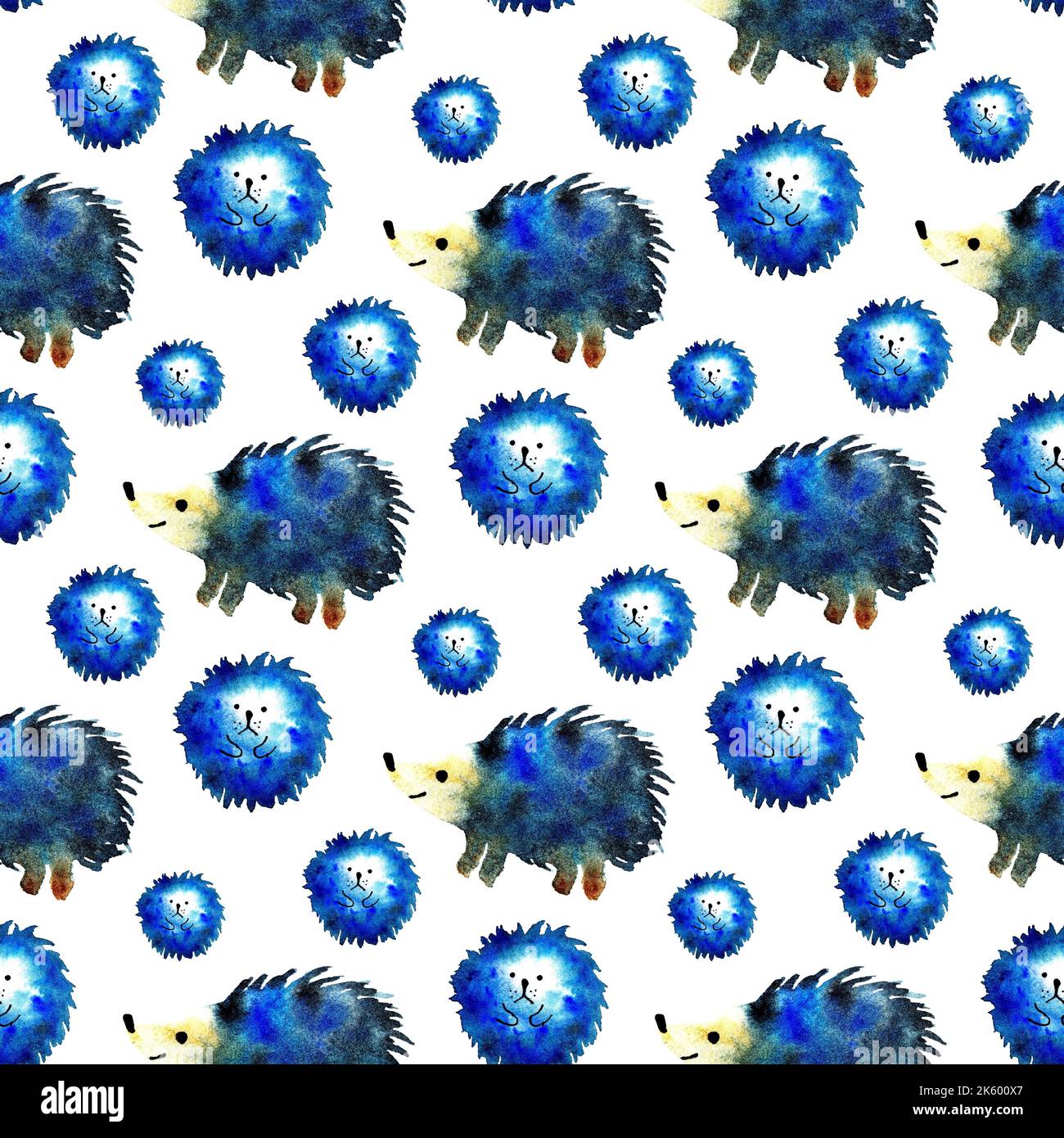 Watercolor illustration of a pattern of blue hedgehogs in the form of a ...