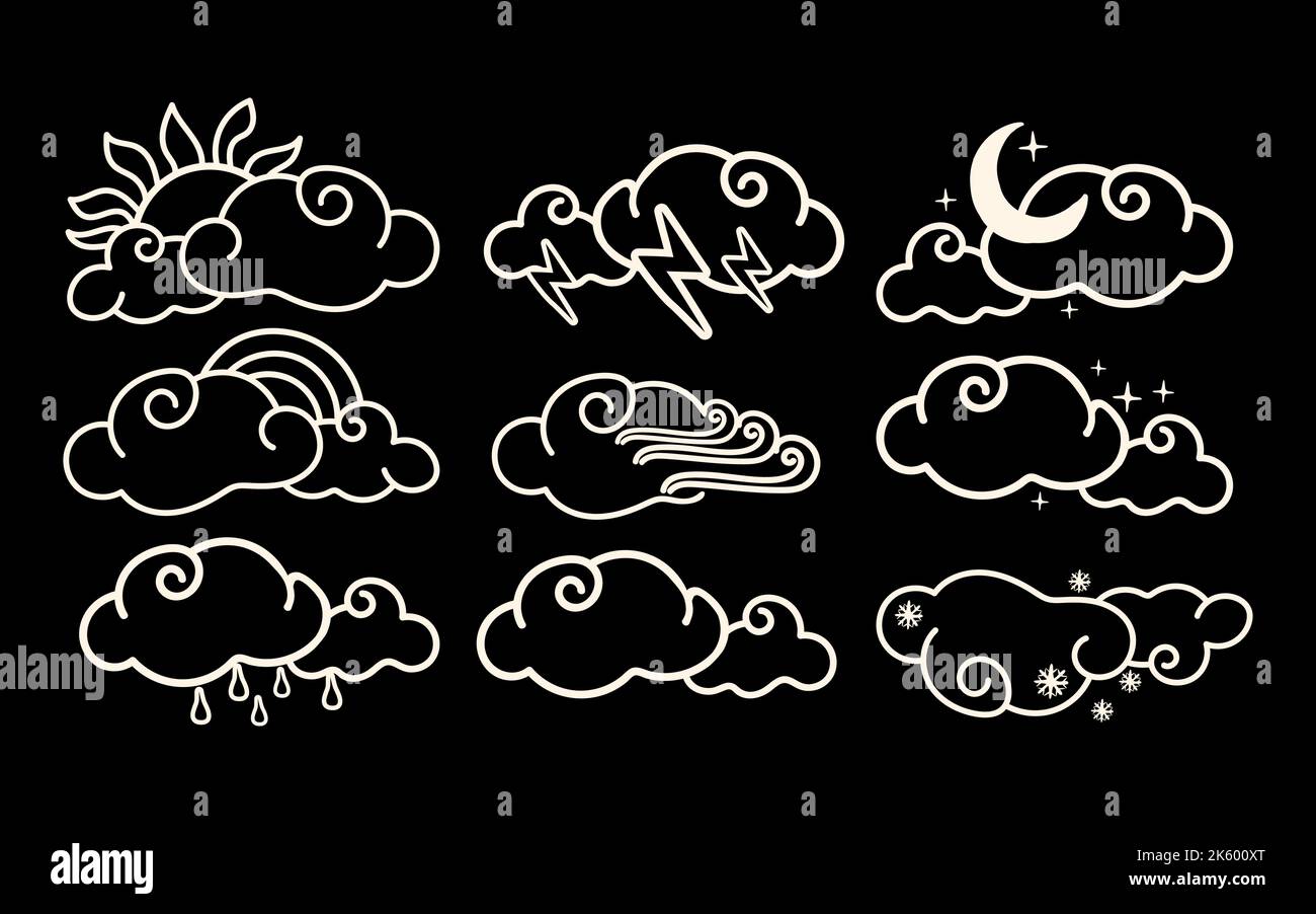 Set of weather phenomena on a black background. Clouds with rainbow ...