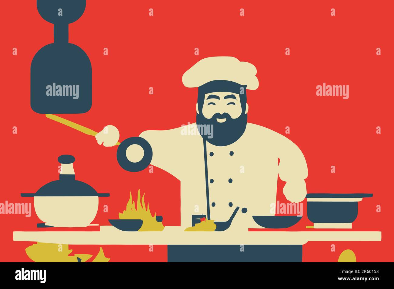 A digital vector illustration of a chef cooking a meal in a restaurant ...