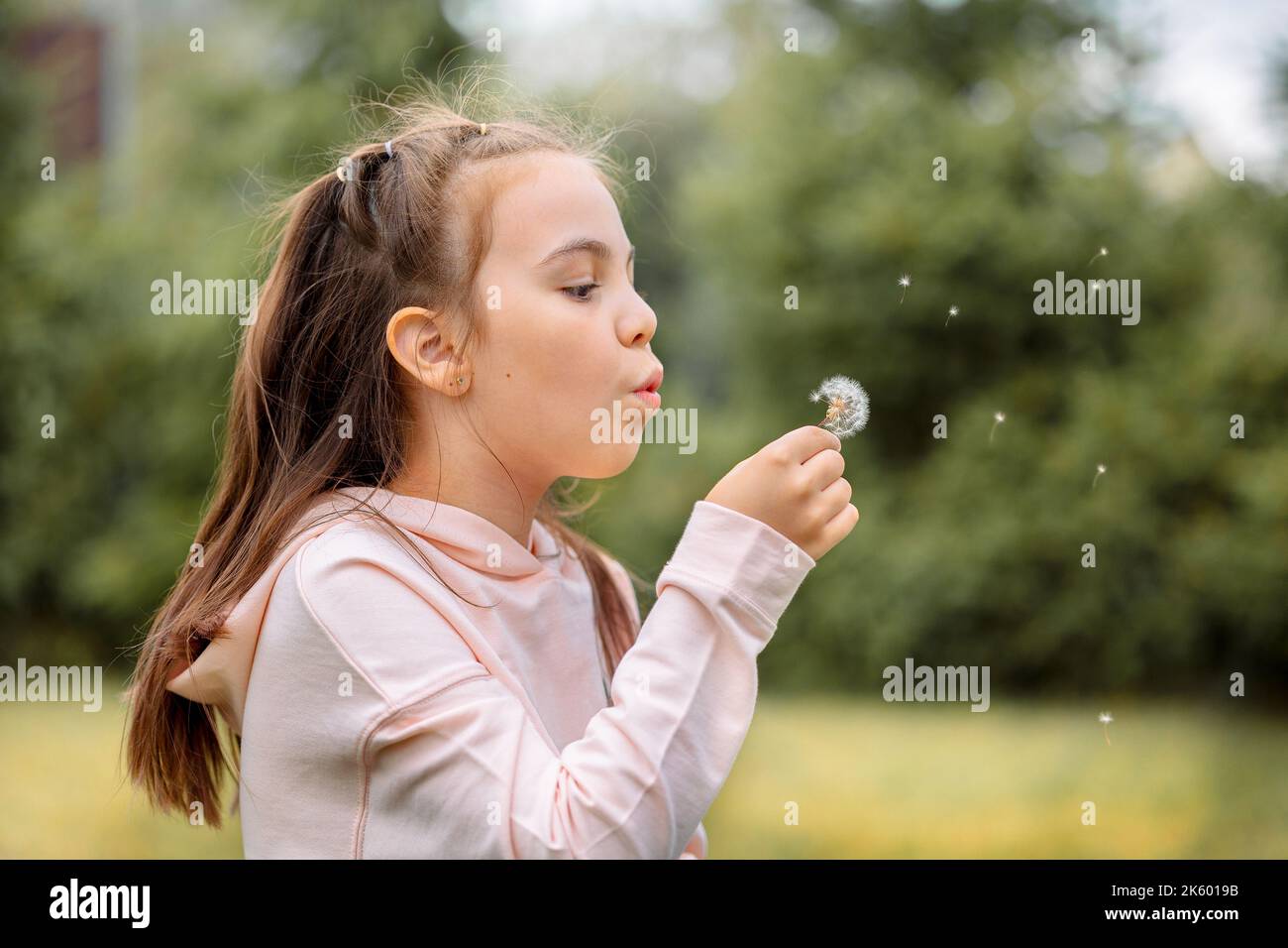 Sweet little girl blowing of white dandelion on summer sunny day. High ...
