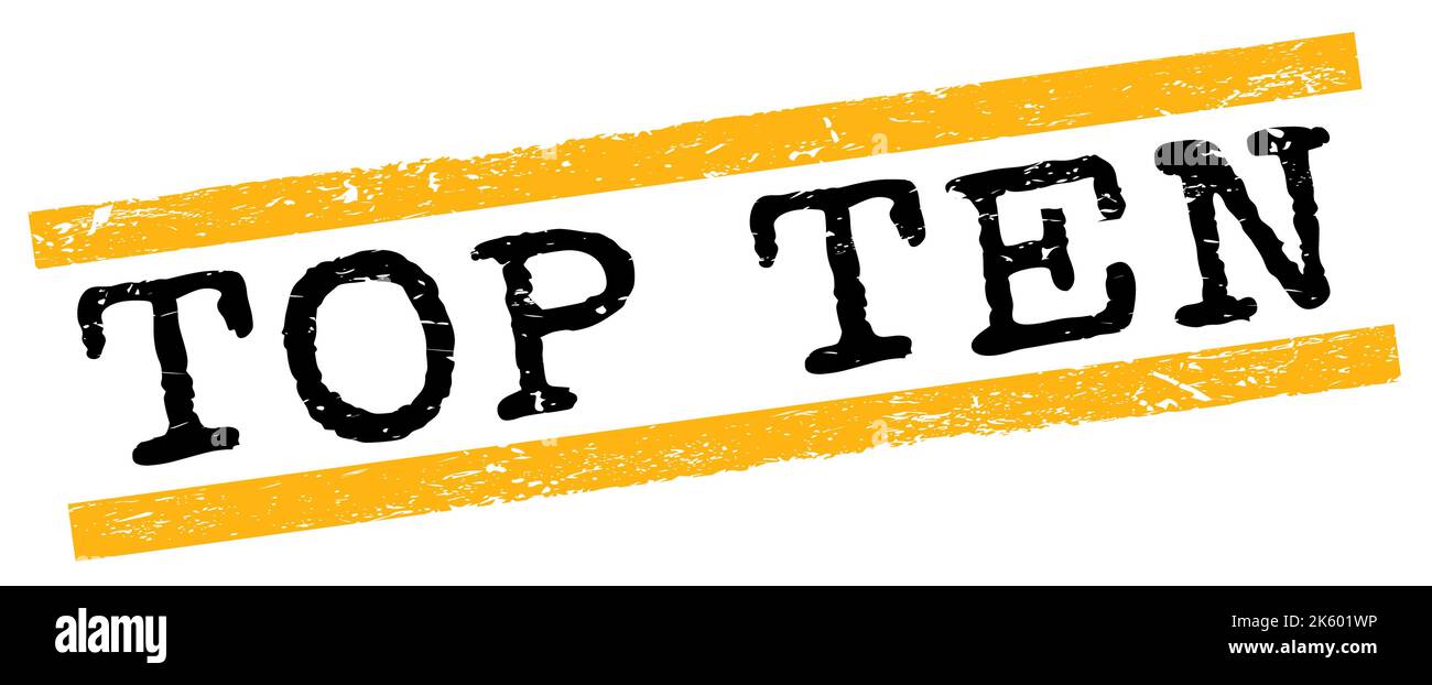 TOP TEN text written on yellow-black grungy lines stamp sign Stock ...