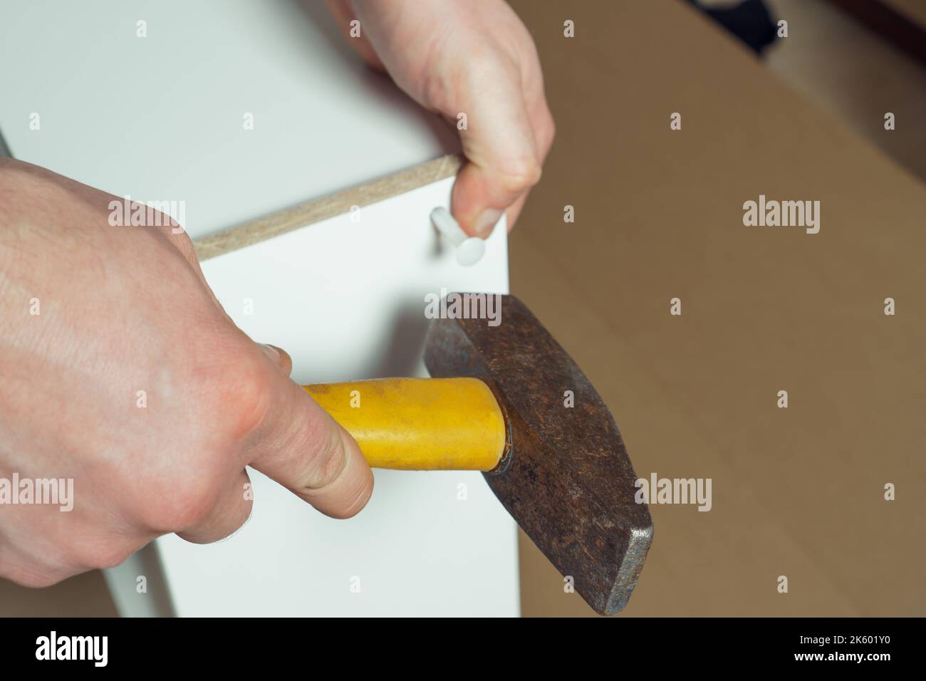 Male hands hold metal hammer with yellow plastic handle, driving dowel ...