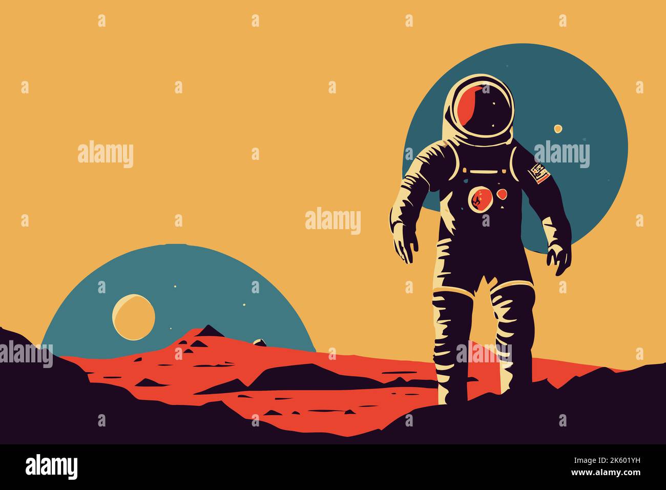 A digital vector illustration of an astronaut on mars on orange colors ...