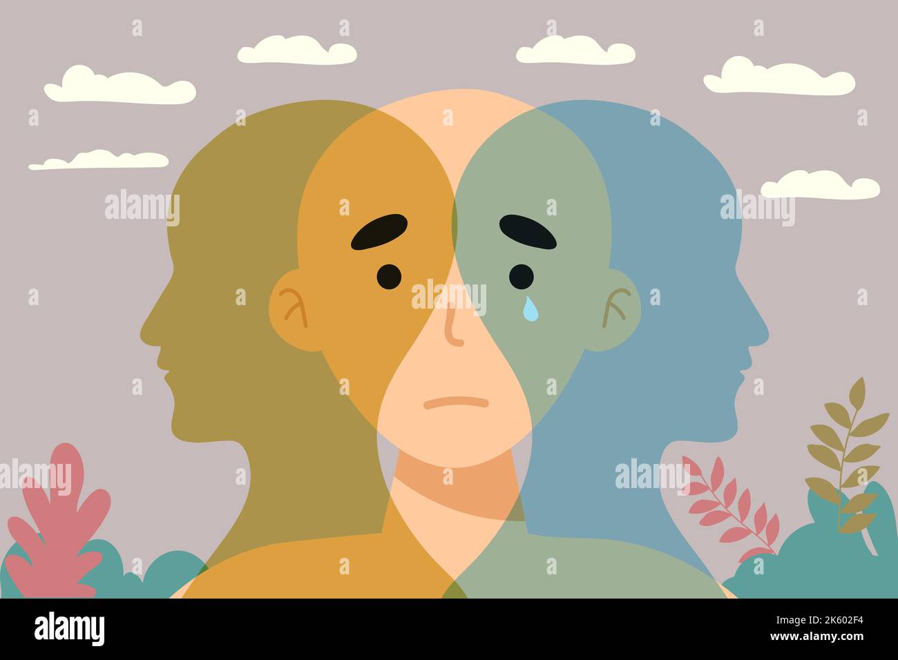 Metaphor bipolar disorder mind mental. Double face. Split personality. Concept mood disorder. 2 ...