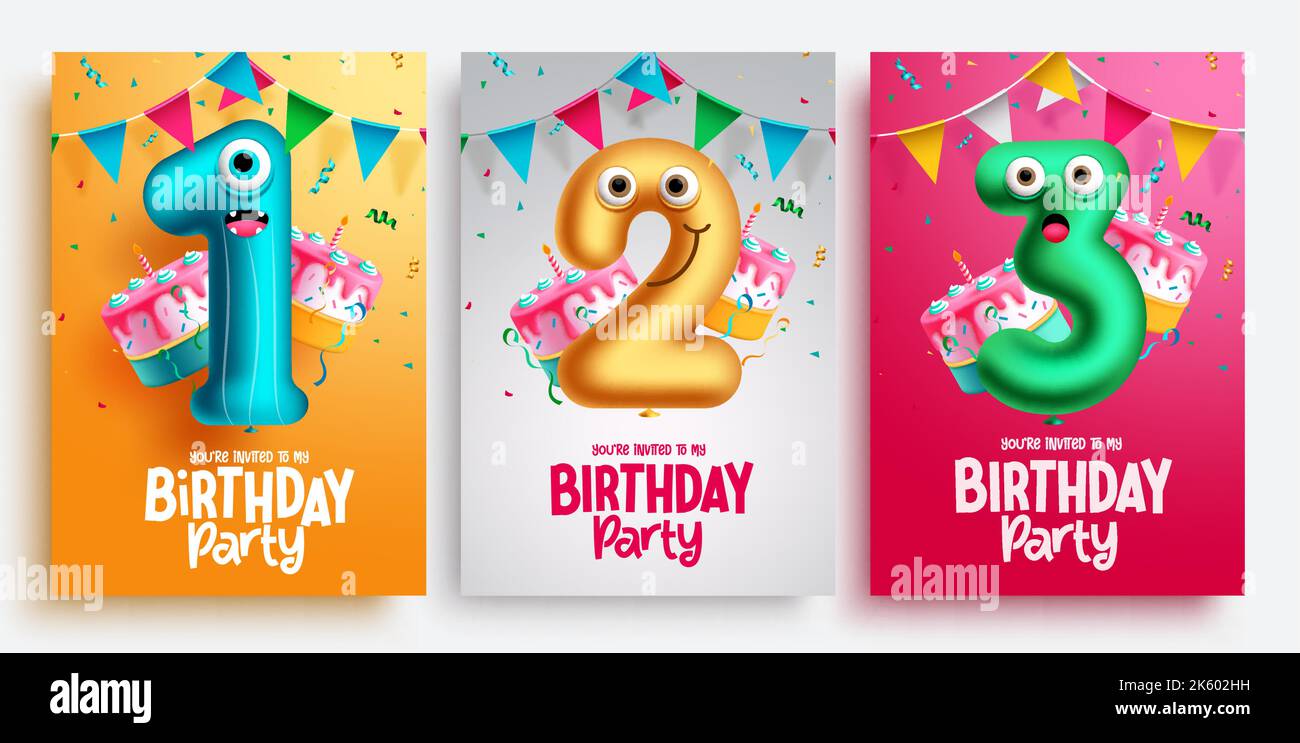 Birthday party vector poster set design. Birthday greeting text lay out ...