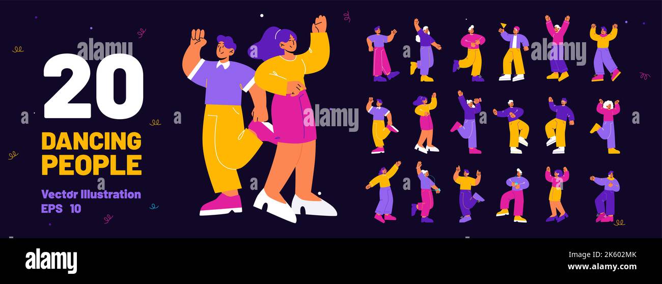 Dancing people set. Happy characters in different poses, excited men ...
