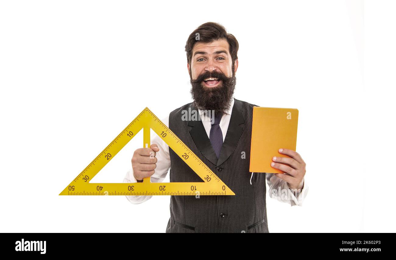 Teaching geometry. Bearded man use ruler. Education concept. Drawing ...