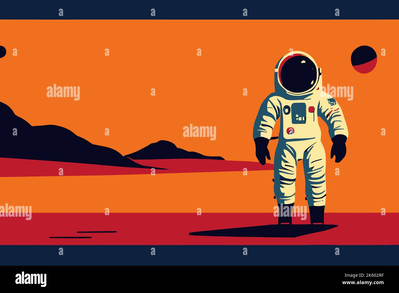 A digital vector illustration of an astronaut on mars on orange colors ...