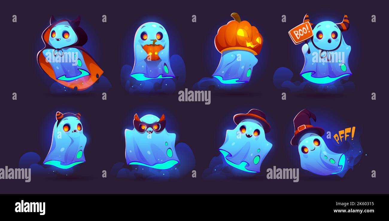 Cartoon set of Halloween ghosts on dark background. Spooky neon spirit ...