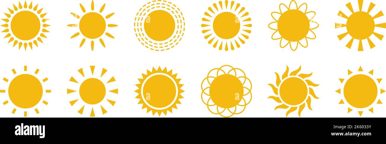 Yellow flat sun with rays icons in various design. Sun silhouette icons ...