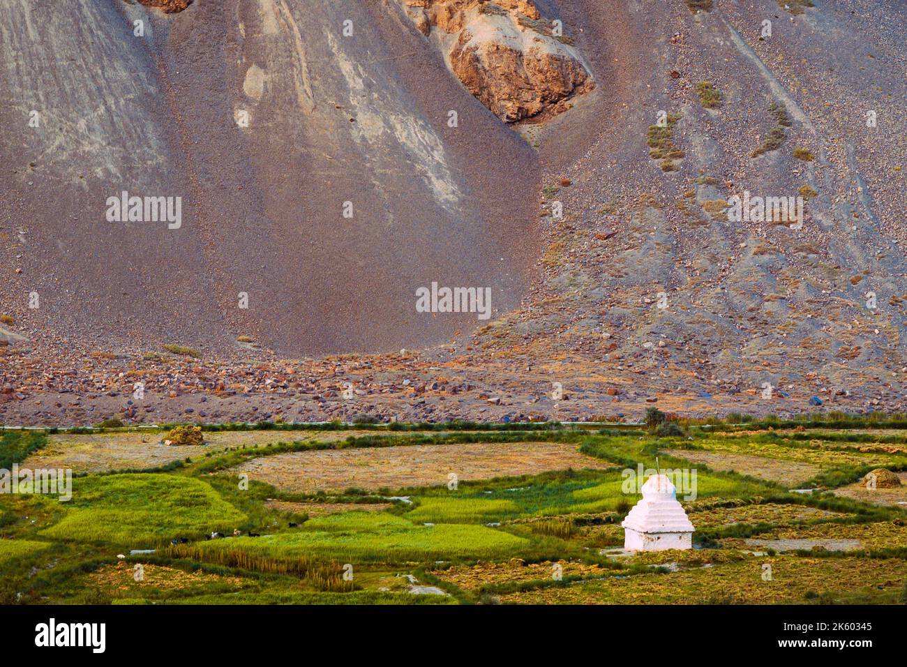 A scenic view of the green fields and ancient monastery in the ...