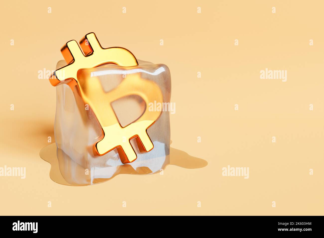 3D illustration of golden bitcoin symbol stuck in melting ice cube ...