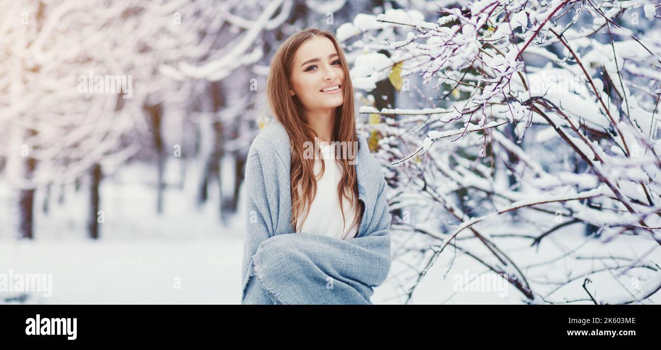 Portrait of happy young woman have fun at beautiful winter day Stock ...