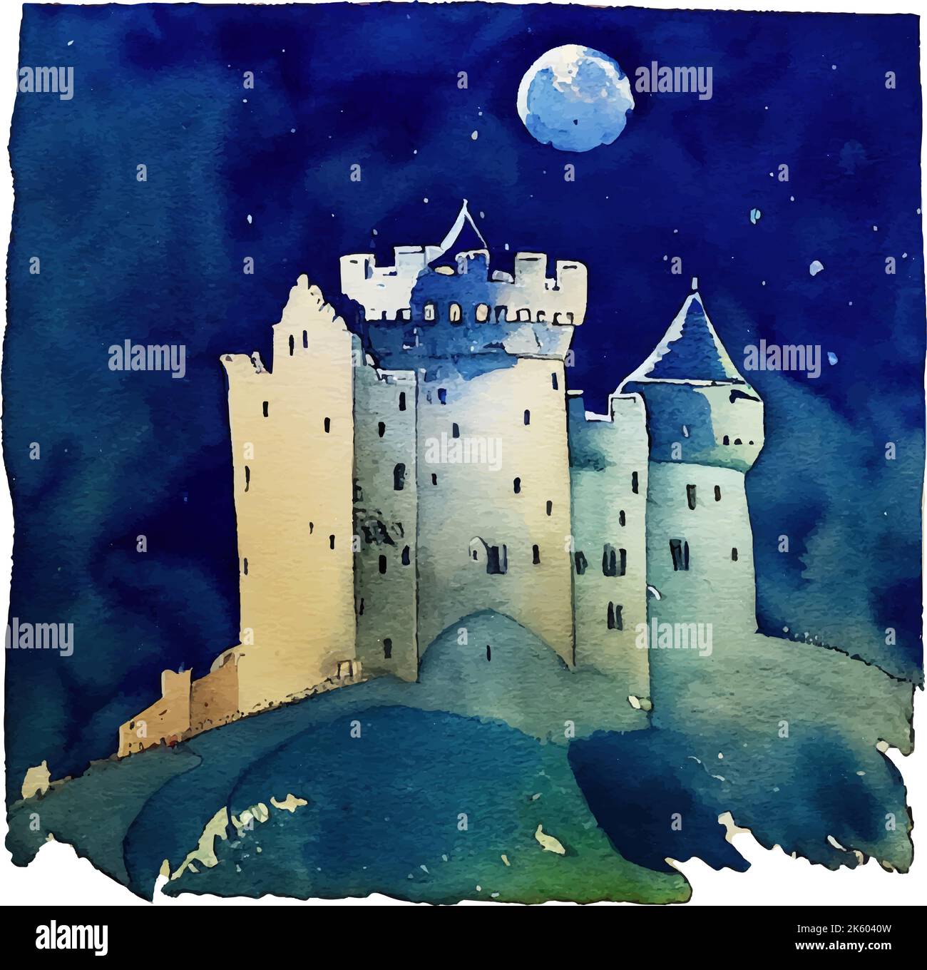 Castle on the hill and Moon, watercolor illustration Stock Vector Image ...