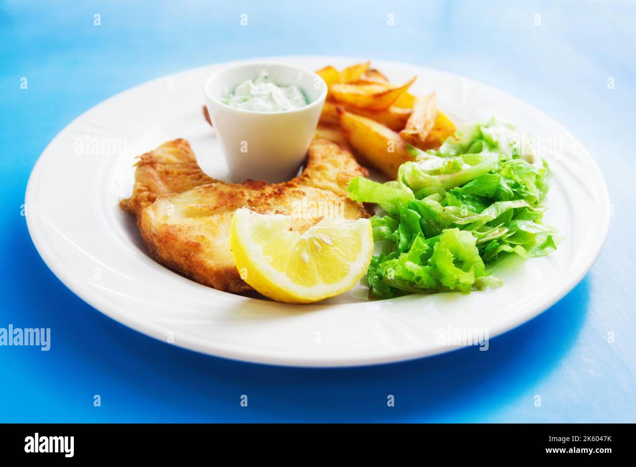 Deep fried fish fillet with chips, tzatziki dip and salad (selective ...
