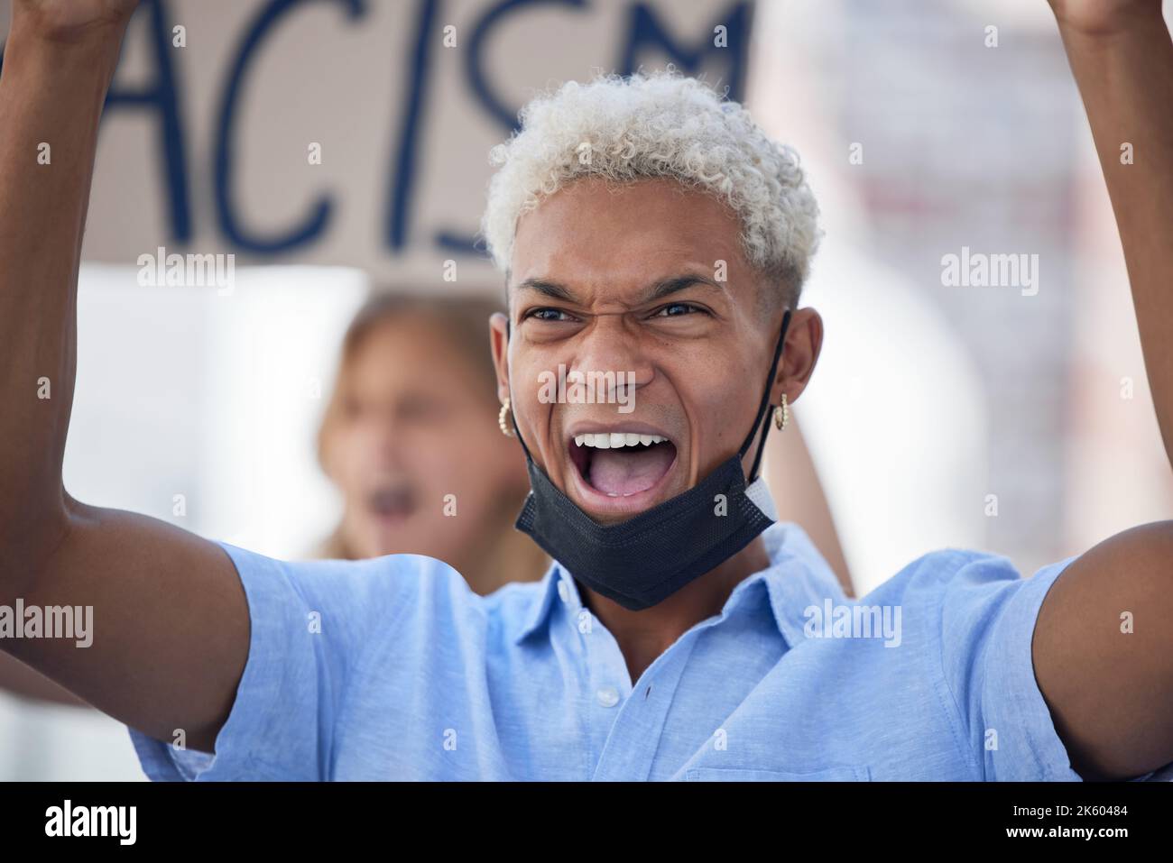 Justice protest during covid, racism and black man angry, crisis rally ...