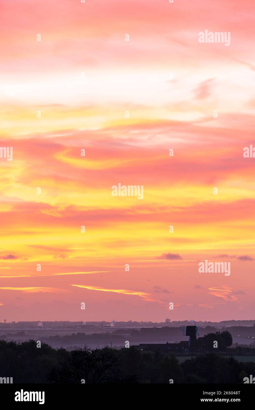 The dawn sky over the Kent landscape looking towards the Isle of Thanet ...