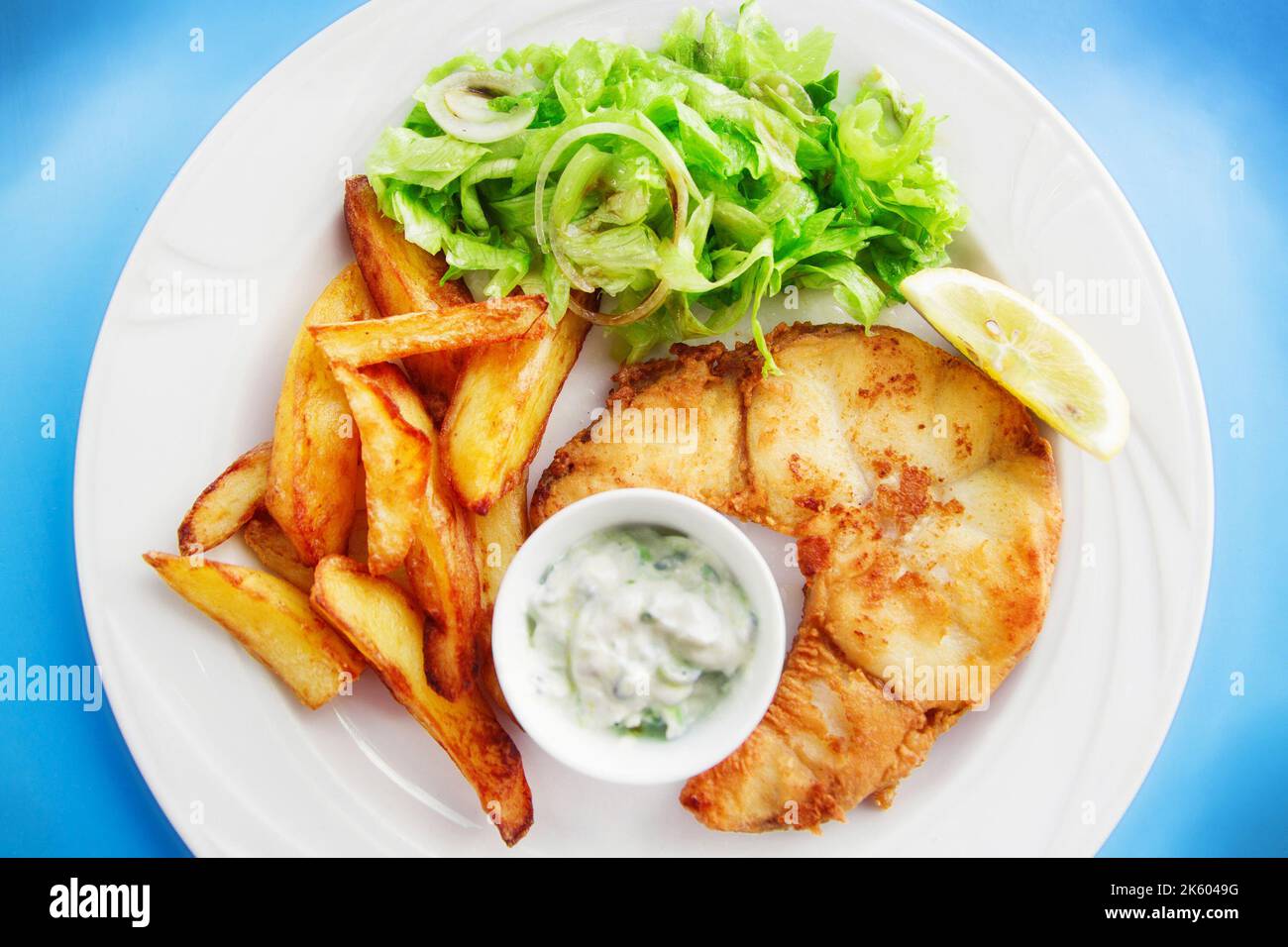 Deep fried fish fillet with chips, tzatziki dip and salad (selective ...
