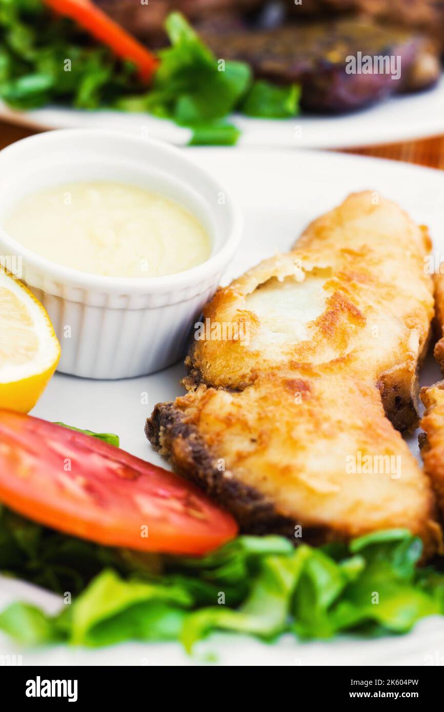 Shark fillet served with side salad and garlic mashed potatoes dip ...