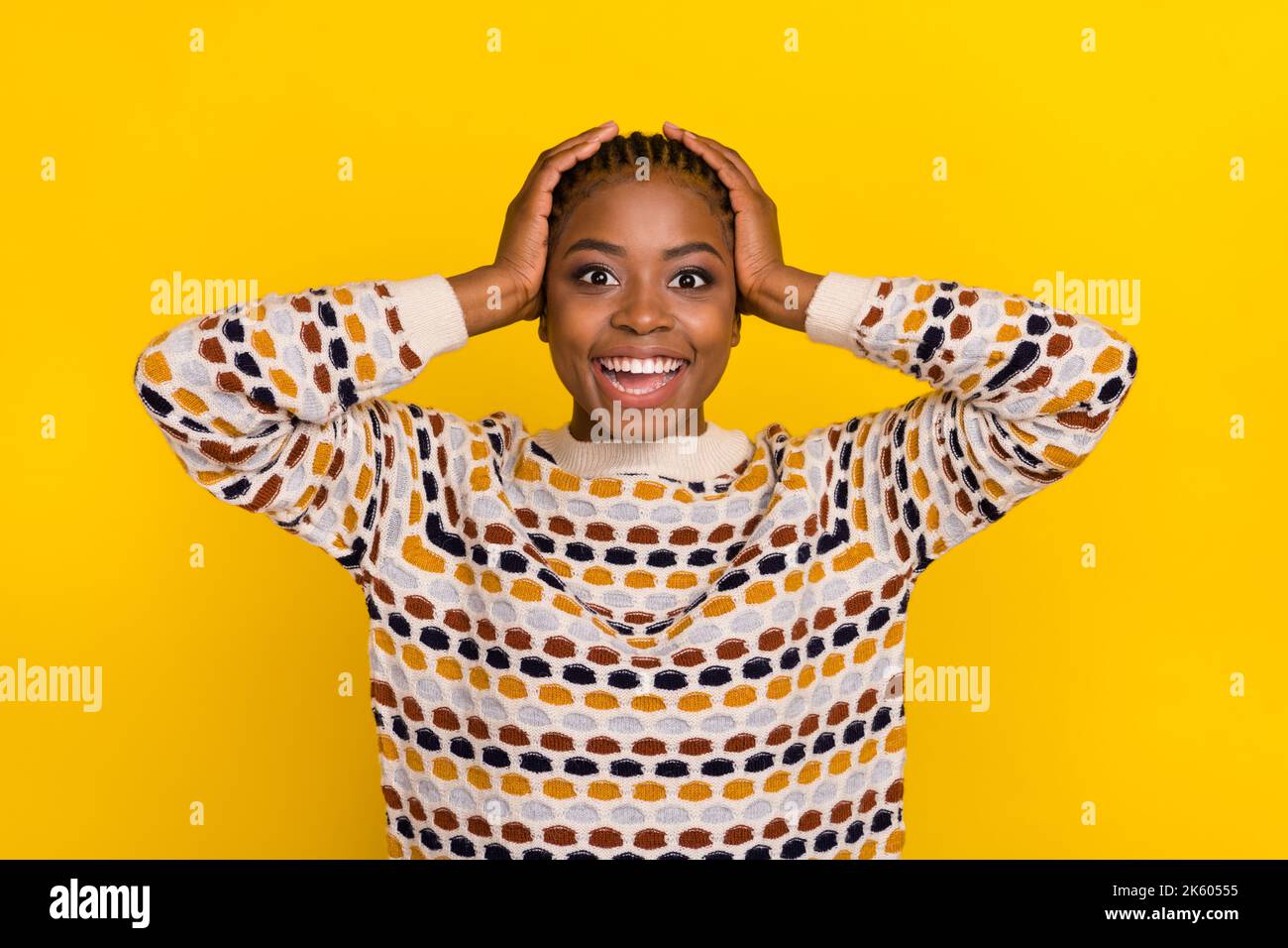 Portrait of impressed positive person hands touch head unbelievable ...