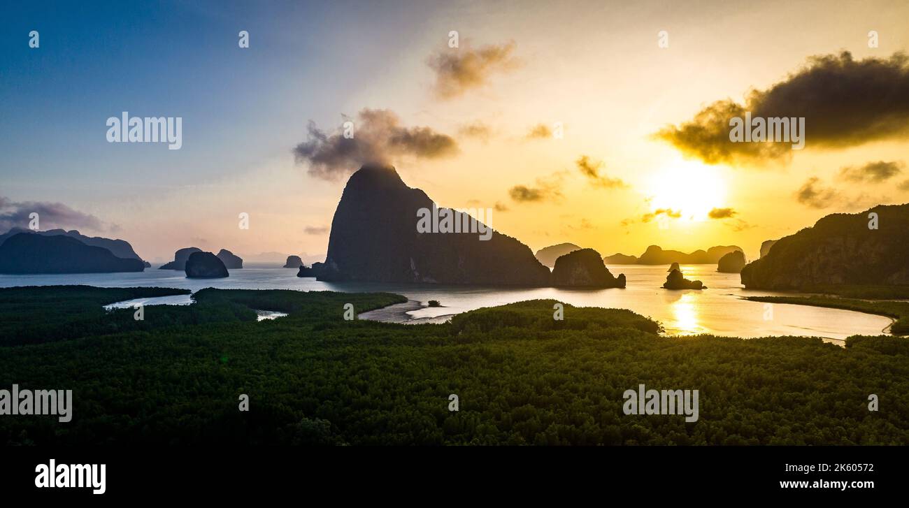 Aerial view of Samet Nangshe Viewpoint at sunset during rainy season ...