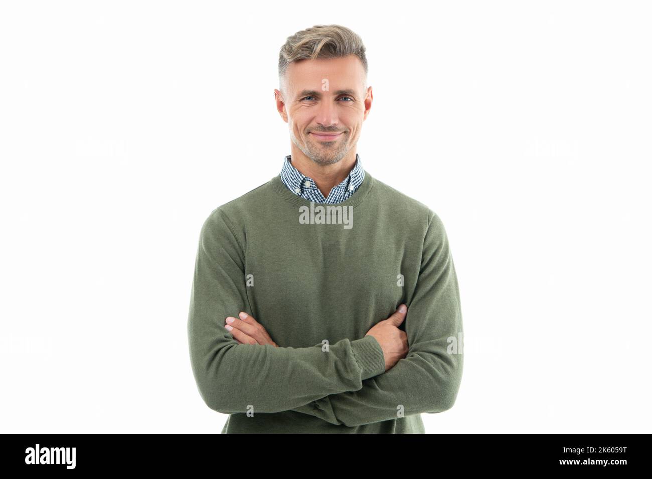happy mature grizzled guy with stubble isolated on white background ...