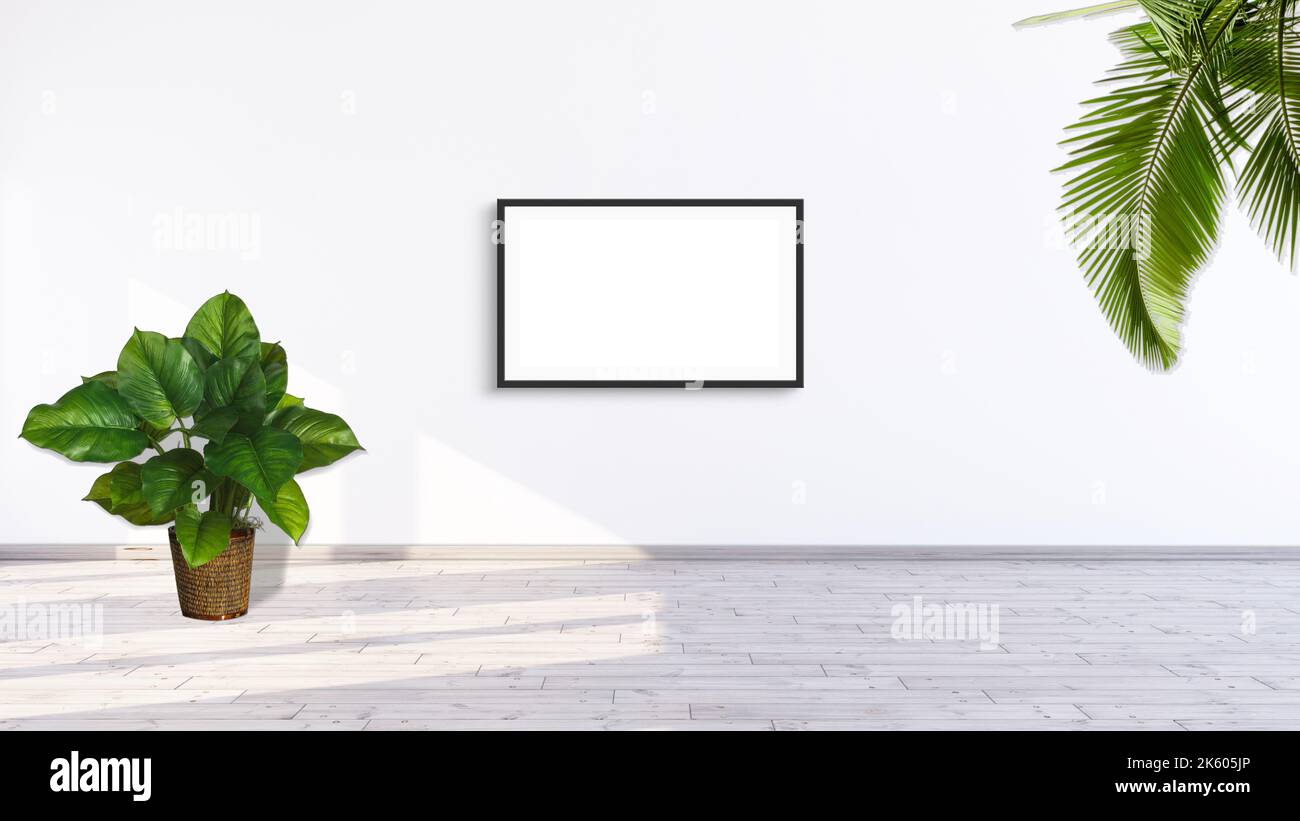 A horizontal frame mockup on a white wall with green leaf plants 3d ...