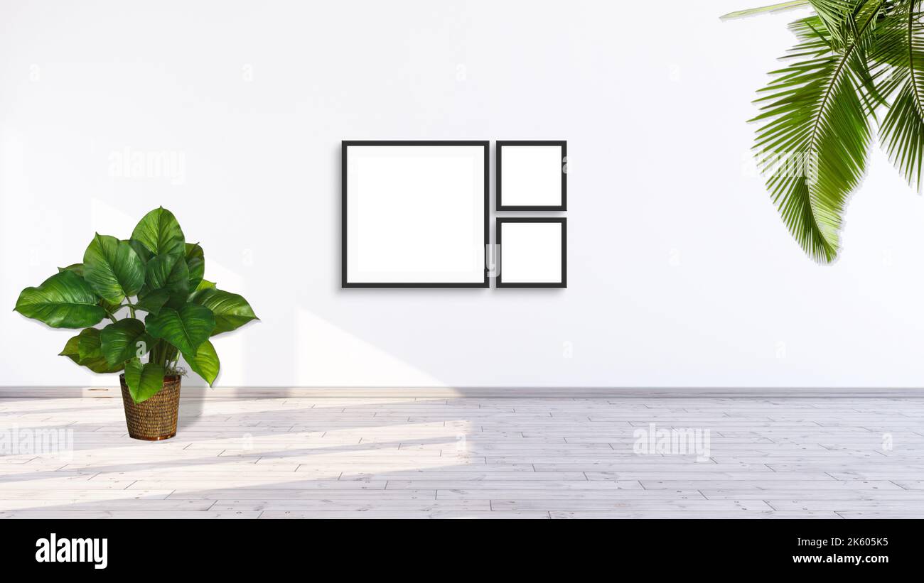 3 square frame mockup on a white wall with green leaf plants 3d ...