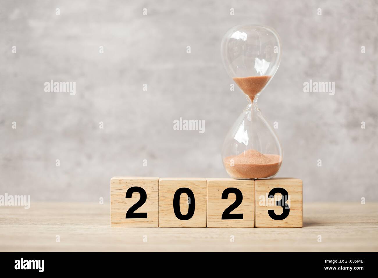 2023 text with hourglass on table. Resolution, time, plan, goal ...