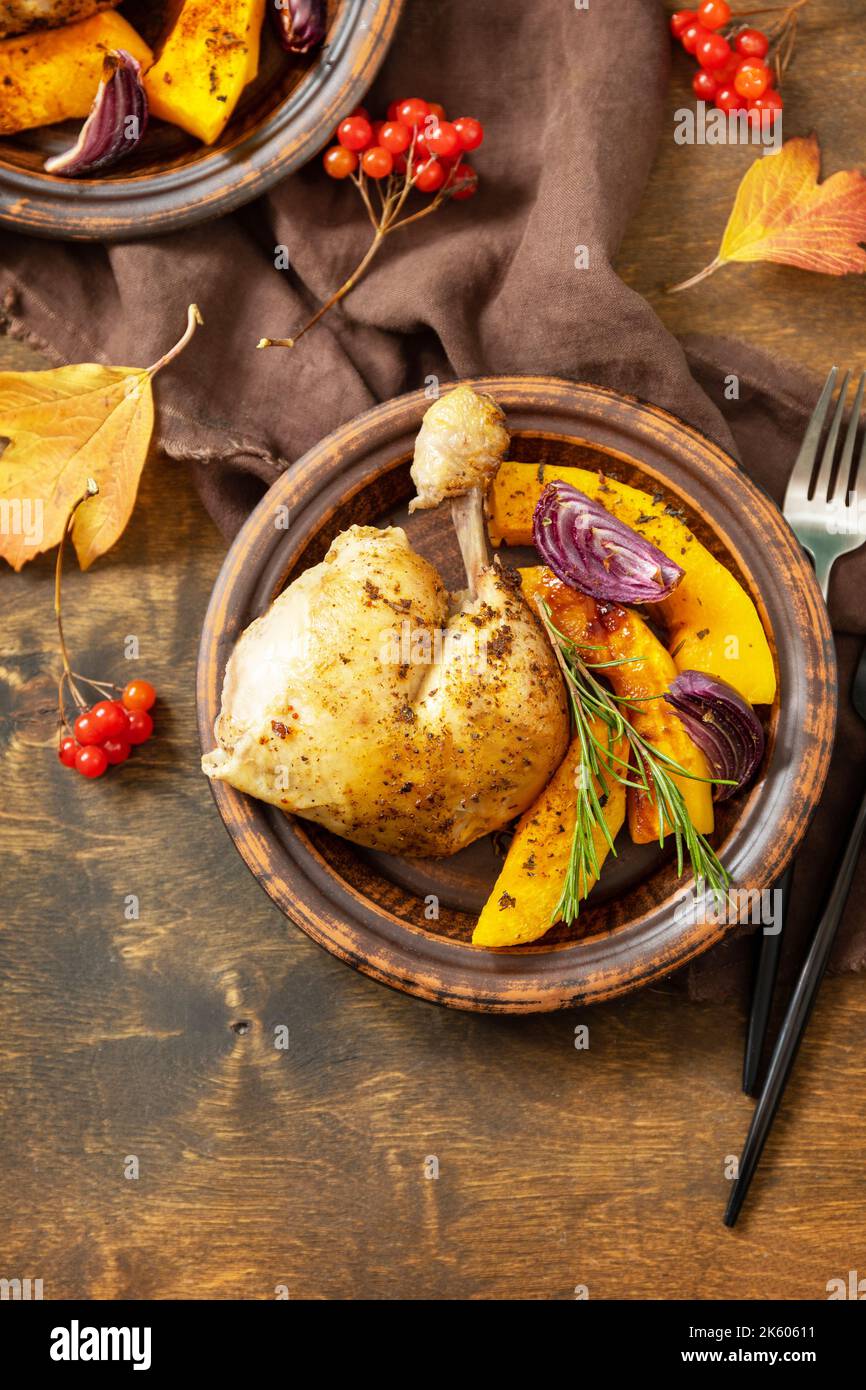 Homemade Thanksgiving dinner ripe pumpkin and Thanksgiving turkey on a ...