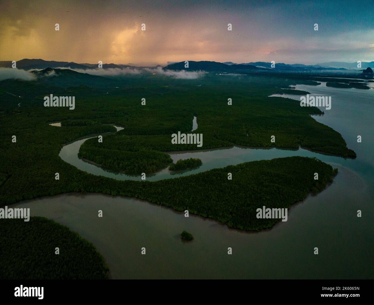 Aerial view of Samet Nangshe Viewpoint at sunset during rainy season ...