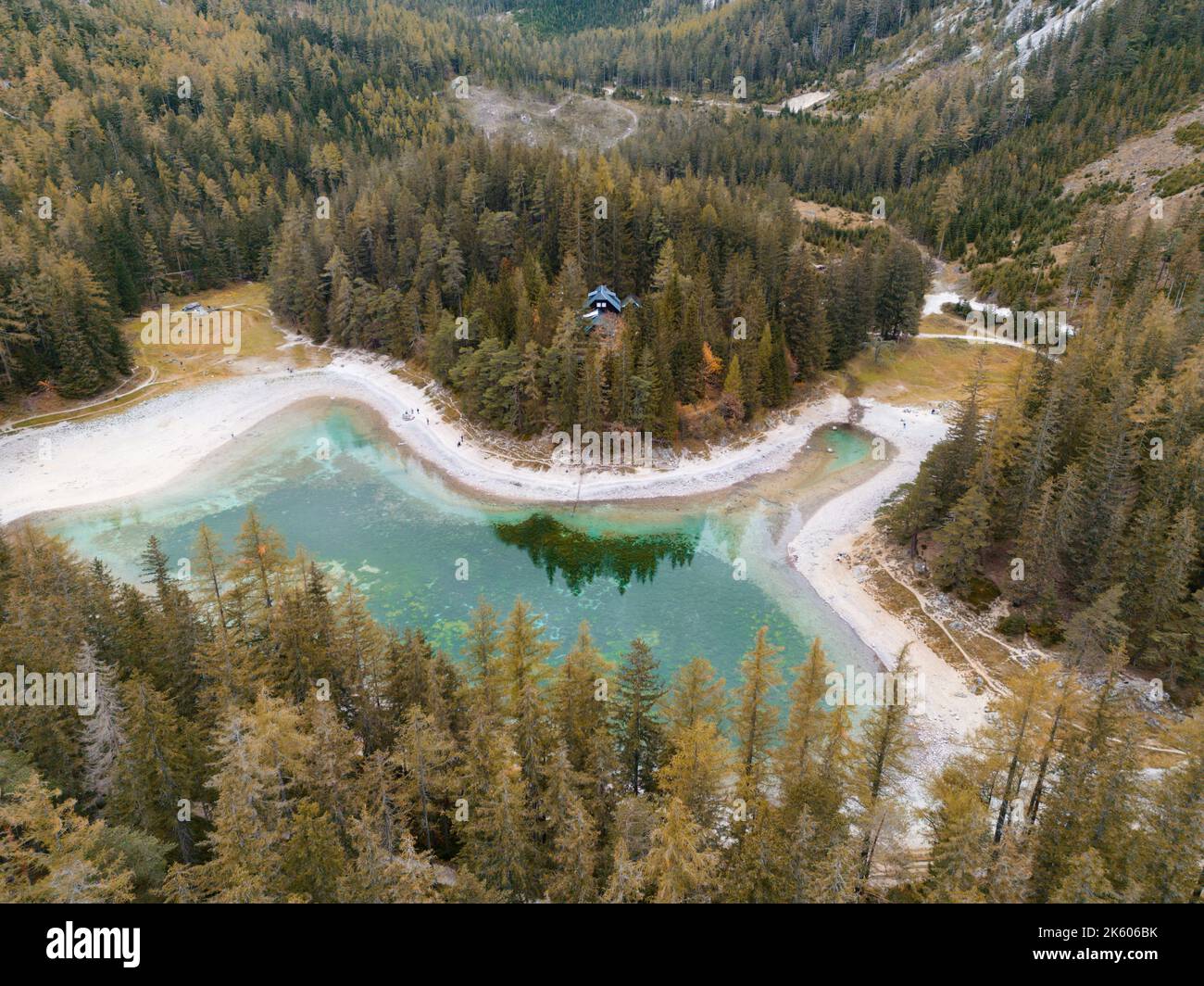 Aerial View of the Green Lake in St. Katharein Tragöß, Styria, Austria ...