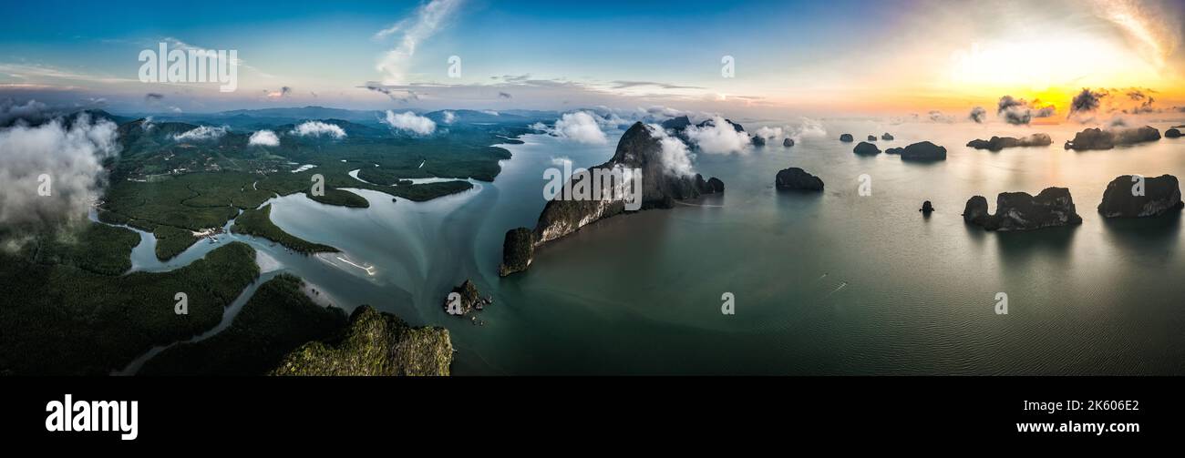 Aerial view of Samet Nangshe Viewpoint at sunset during rainy season ...