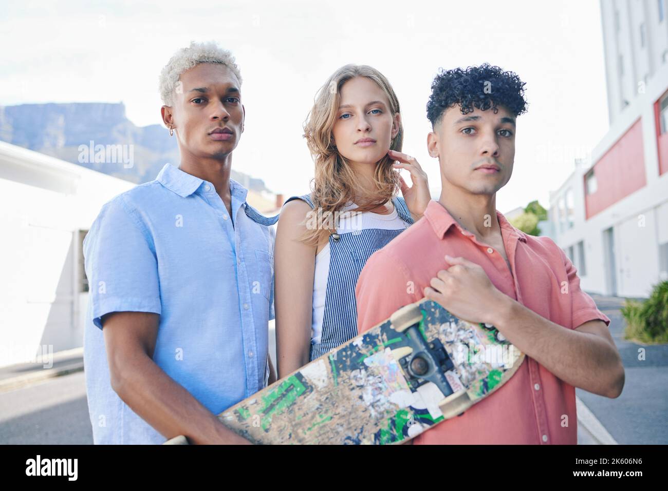 Friends, urban skate and diversity of people holding a skateboard ...