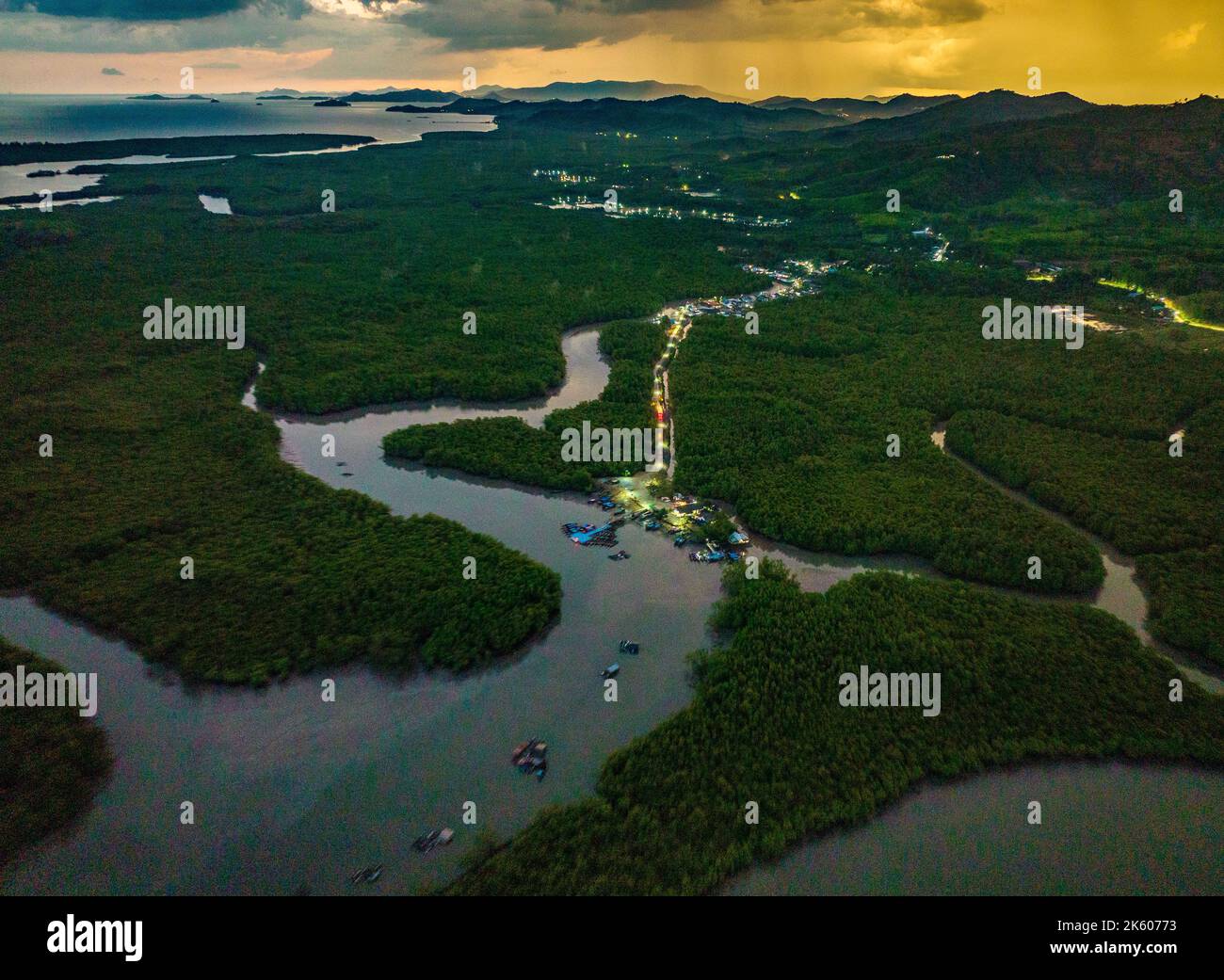 Aerial view of Samet Nangshe Viewpoint at sunset during rainy season ...