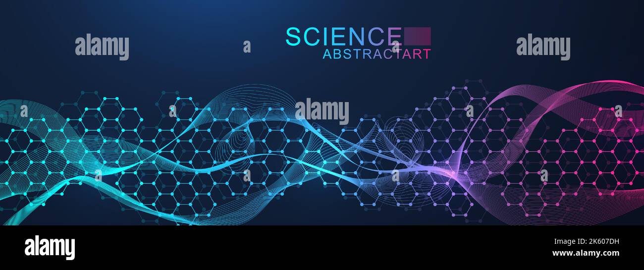 Modern scientific background with hexagons, lines and dots. Wave flow ...