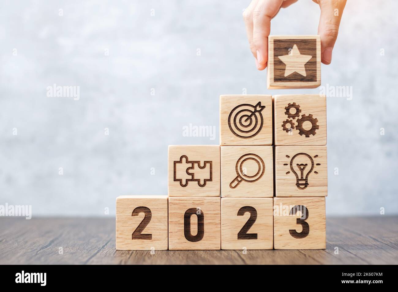 2023 wood block with business success, goal, strategy, target, mission ...