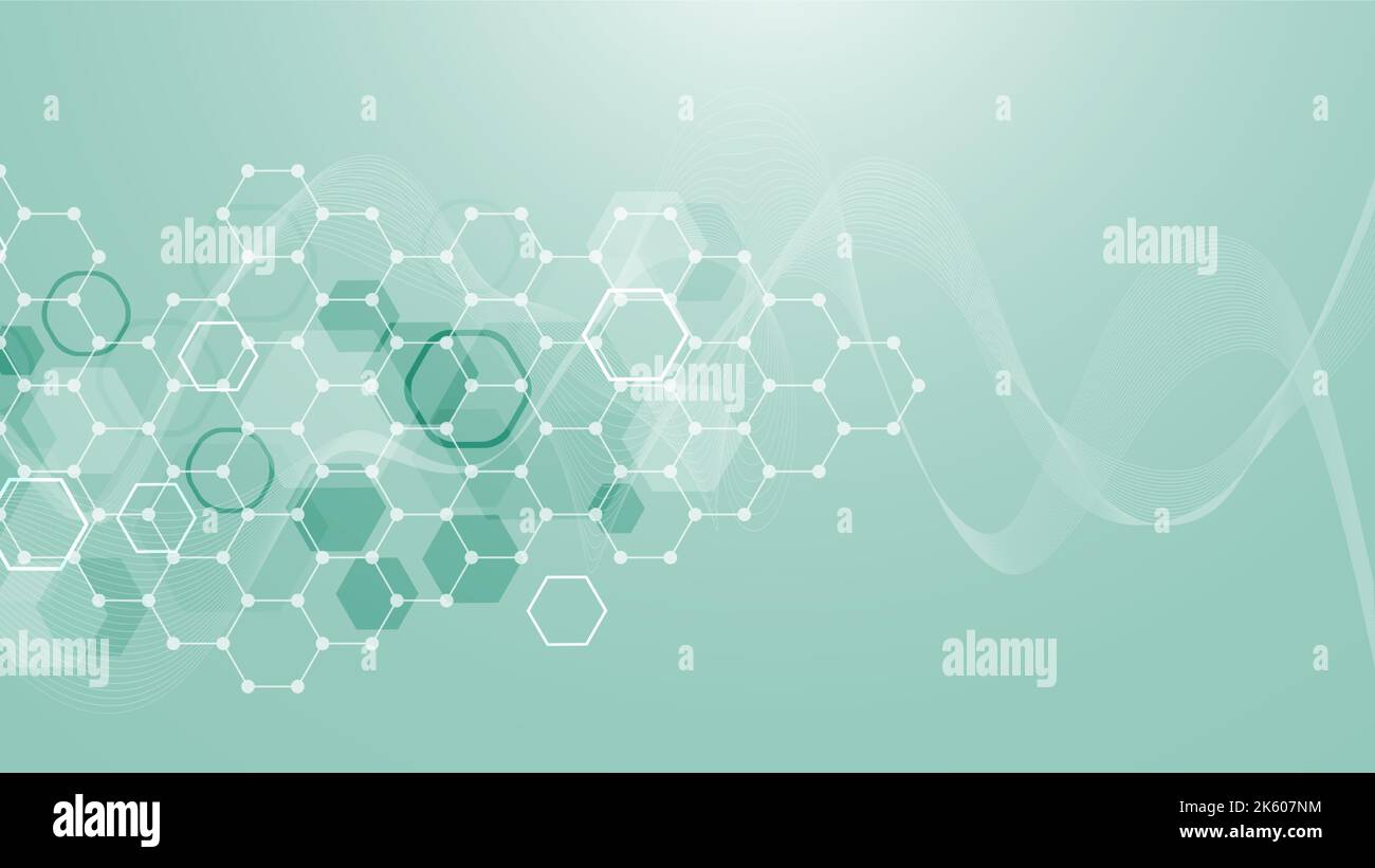 Modern scientific background with hexagons, lines and dots. Wave flow ...