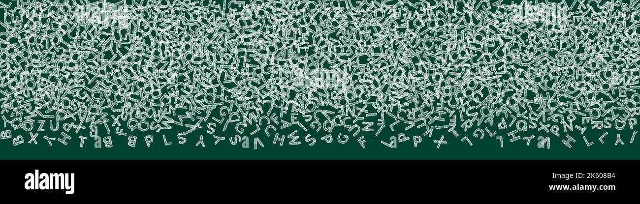 Falling letters of English language. Chalk sketch flying words of Latin ...