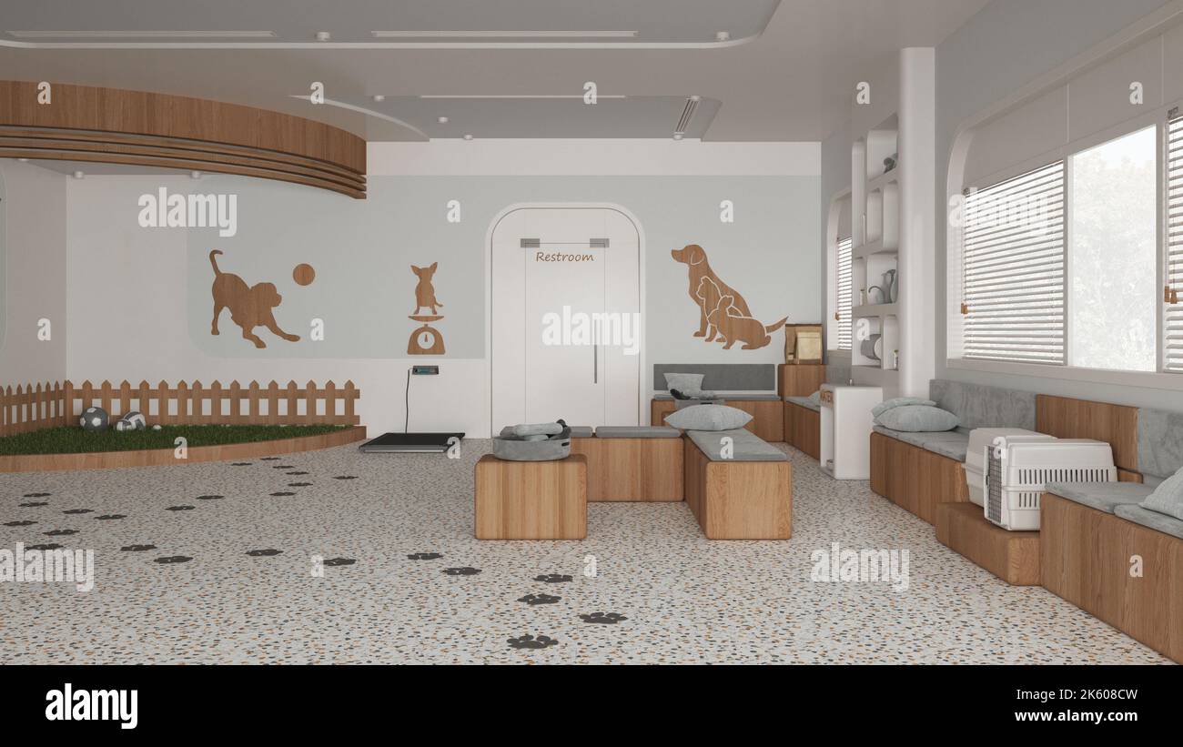Veterinary clinic interior design in white and wooden tones. Sitting ...