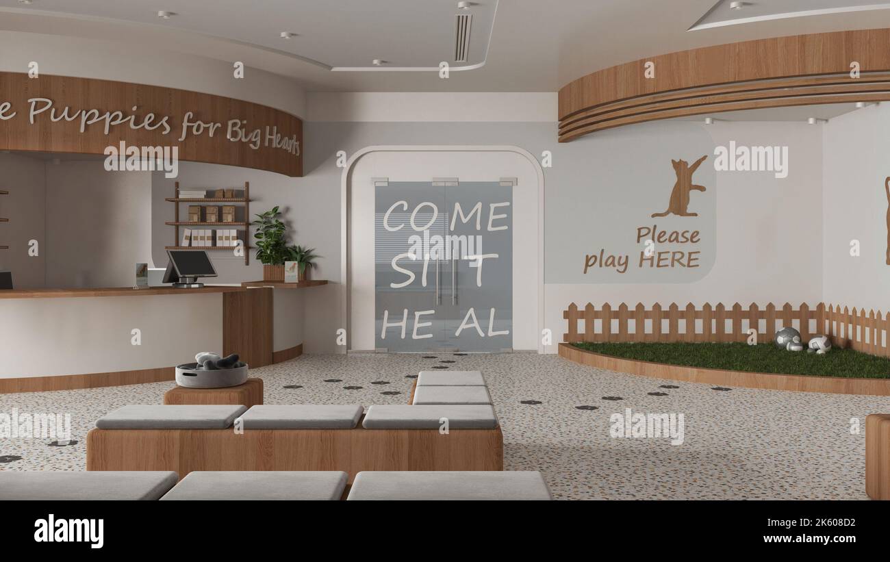Veterinary clinic in white and wooden tones. Waiting room with sitting ...